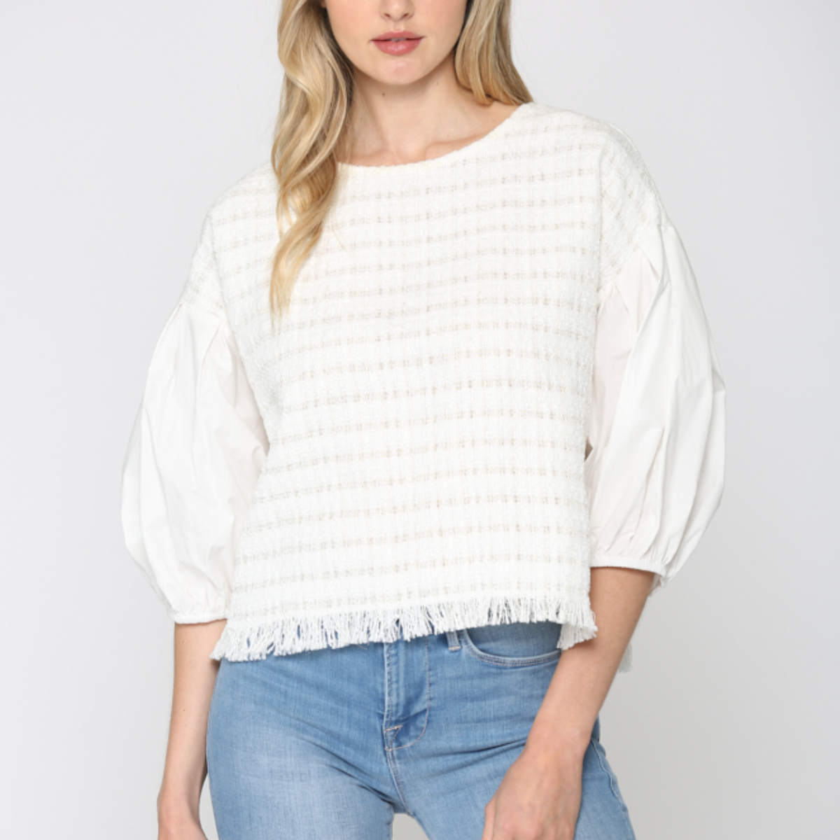 Contrast Balloon Sleeve Tweed Blouse – gadogadoellicottville